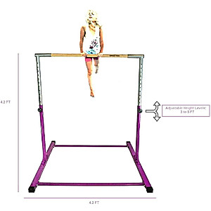 Kids Expandable Kip Bar with Tumble Mat Professional Pink Horizontal Gymnastics Asymmetric Bar 4x8 FT Mat Jungle Gym Height Adjustable 3 to 5 FT Purple Mat