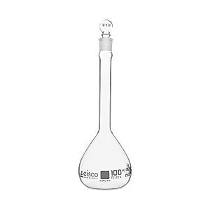 EISCO Volumetric Flask, 100ml - Class A, ASTM - Tolerance ±0.100 ml - Glass Stopper - Single, Blue Graduation
