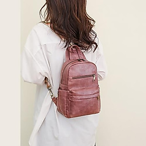 ALUSBELL Vintage Sling Bag Sling Backpack for Men Women, Vegan Leather Crossbody Bag Fanny Packs, Fashion Chest Bag Daypack with 2 Adjustable Straps,Pink