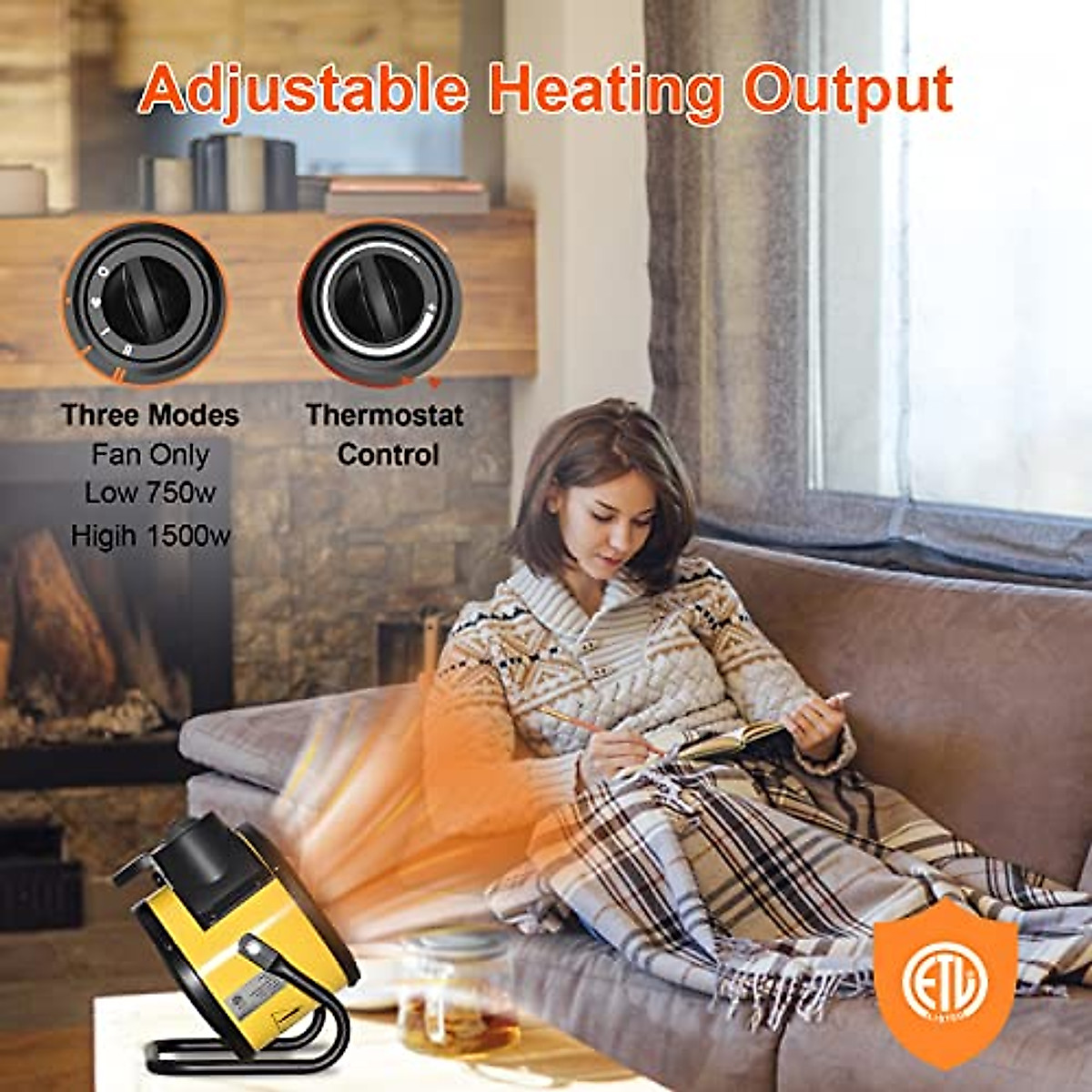 Electric Patio Heater - Greenhouse Fan, Heater Portable Space Heater, Adjustable Thermostat, for Greenhouse, Garage, Office, Workplace, PTC Fast Heating, Electric Ceramic Heaters,Metal Base