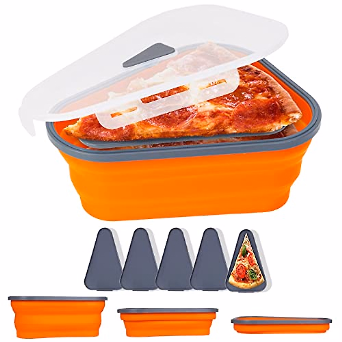 Pizza Pack Storage Containers Expandable Collapsible, Silicone Pizza Box with 5 Microwavable Serving Trays, Pizza Storage Containers for Travel Hiking Camping, Microwave and Dishwasher Safe (Orange)