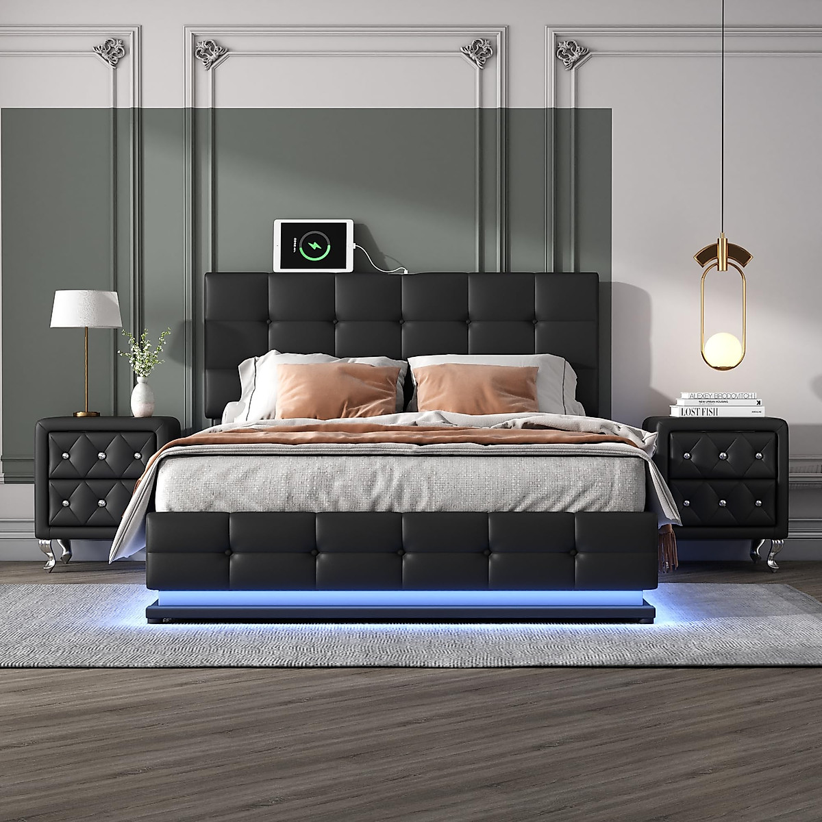 3-Pieces Queen Size Bedroom Sets,PU Upholstered Queen Platform Bed Frame with 2 Nightstands and USB Charging Station,Lift Up Storage Bed Queen,Bedroom Furniture Sets, Easy Assemble,Black