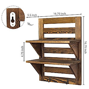 MyGift 2-Tier Dark Brown Wood Wall Mounted Shelf Rack with Key Hooks, Entryway Storage Display Shelves, Bathroom Shelving and Towel Hooks, 7 x 13-Inches