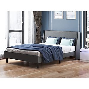 CECER Full Size Bed Frame, Modern Bed Frame with Upholstered Headboard & Broad Wingback Wooden Slat Support, No Box Spring Needed - Dark Grey