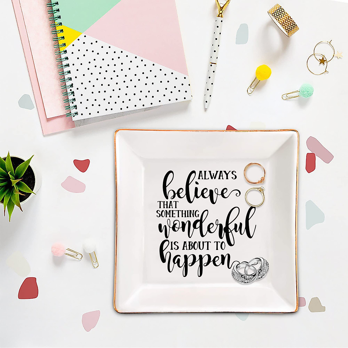 XJF Ring Ceramic Jewelry Trinket Dish - Always Believe that Something Wonderful is About to Happen