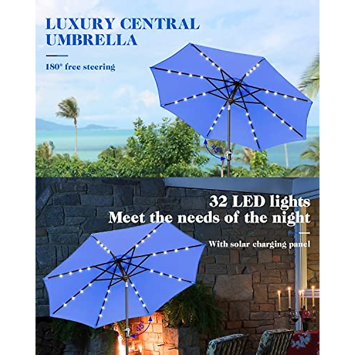 Zersun 9 FT Outdoor Patio Umbrellas with 32 Solar Lights 8 Ribs/Tilt Adjustment and Crank Lift System - LED Table Umbrella Outdoor Patio for Garden, Deck, Backyard, Pool and Beach - Navy Blue