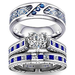 Ringcrown Blue Cz Couple Rings White Gold Filled Heart Womens Wedding Ring Sets Titanium Steel Man Wedding Band