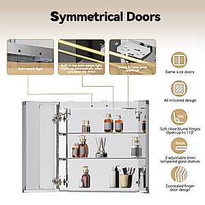 Bathlink Medicine Cabinet with Lights, Lighted Bathroom Medicine Cabinet with Mirror, 24"×26"×5", Built-in Outlet, Temperature&Time Display, Recessed&Surface Mount, Defog