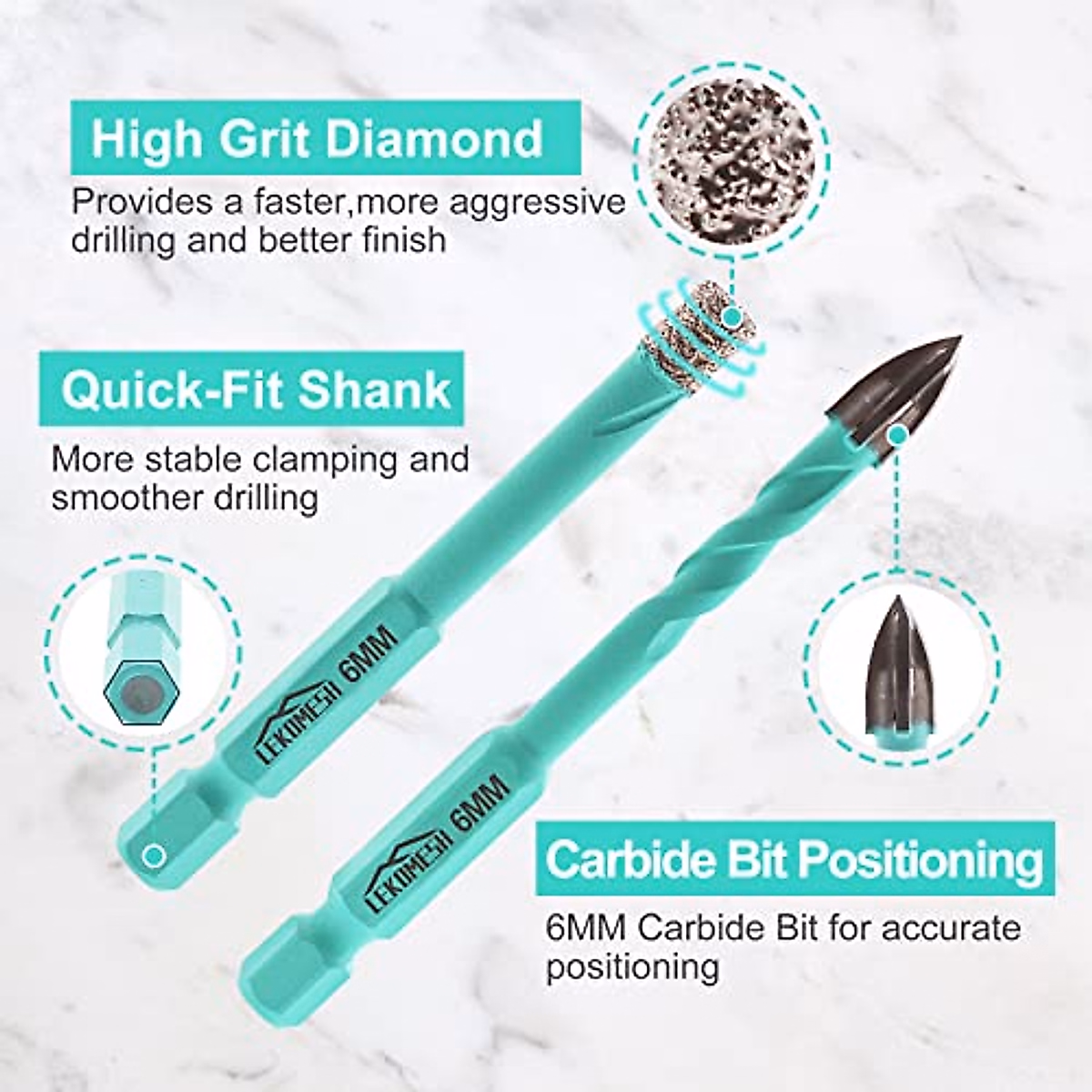 LEKOMESH Porcelain Tile Diamond Drill Bits, 4pcs 6mm Quick Change Shank Diamond Core Drill Bits with 1pc 6mm Carbide Masonry Drill Bit for Tile Ceramic Marble Granite Stone