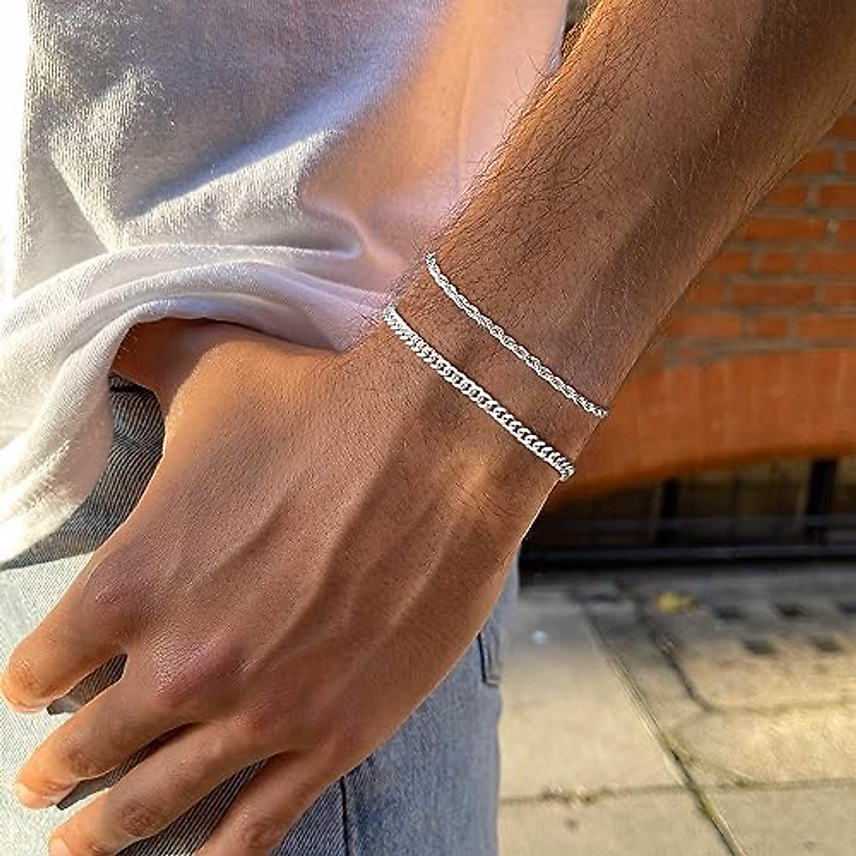 Poaiiu Silver Layered Chain Bracelets Sets for Men Women Silver Rope Figaro Cuban Link Chain Bracelets Set Men Jewelry Gifts for Dad Boyfriend Husband