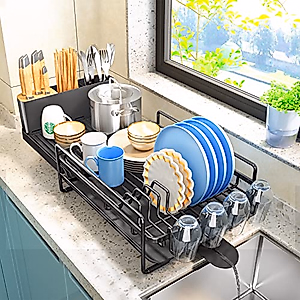 HERJOY Dish Drying Rack for Kitchen Counter, Large Dish Rack Expandable Black Drying Dish Drainers Rack, Anti-Rust Drying Rack with Drainboard and Cup Holders Rack Organizer