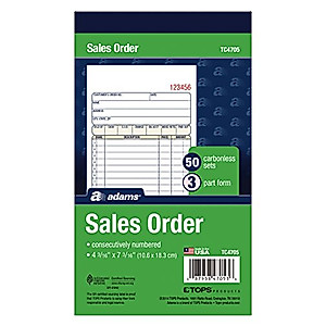 Adams Sales Order Book, 3-Part, Carbonless, 4-3/16" X 7-3/16" Inch, 50 Sets, White, Canary and Pink (TC4705)