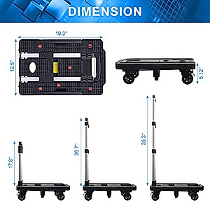 Folding Hand Truck, 330 Lbs Foldable Hand Truck Dolly Cart Heavy Duty Collapsible Trolley Portable Platform Luggage Cart with 5 Wheels & 2 Elastic Ropes for Moving, Shopping, Travel, Home, Office Use
