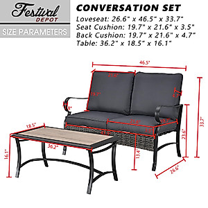 Festival Depot PE Wicker Patio Bistro Set, 2 Pieces Outdoor Furniture, Conversation Sofa Loveseat Armchairs & Coffee Table with Removable Cushion All Weather Casual Craft Cozy Small Chair Set