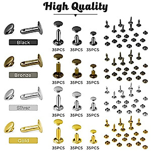 420 Sets Leather Rivets Kit, Double Cap Brass Rivets Leather Studs with 3PCS Setting Tools for Leather Repair and Crafts, 4 Colors and 3 Sizes
