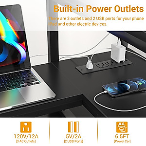 Cyclysio Gaming Desk 47", Computer Desk with Reversible Storage Shelves, Home Office Desk with Power Outlets & RGB Led Lights, Small Desk for Gaming, Studying, Working, Black