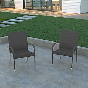 EMMA + OLIVER Sala Stacking All-Weather Patio Chair - Gray Woven Polyethylene Wicker - Powder Coated Steel Frame - for Indoor & Outdoor Use - Set of Four