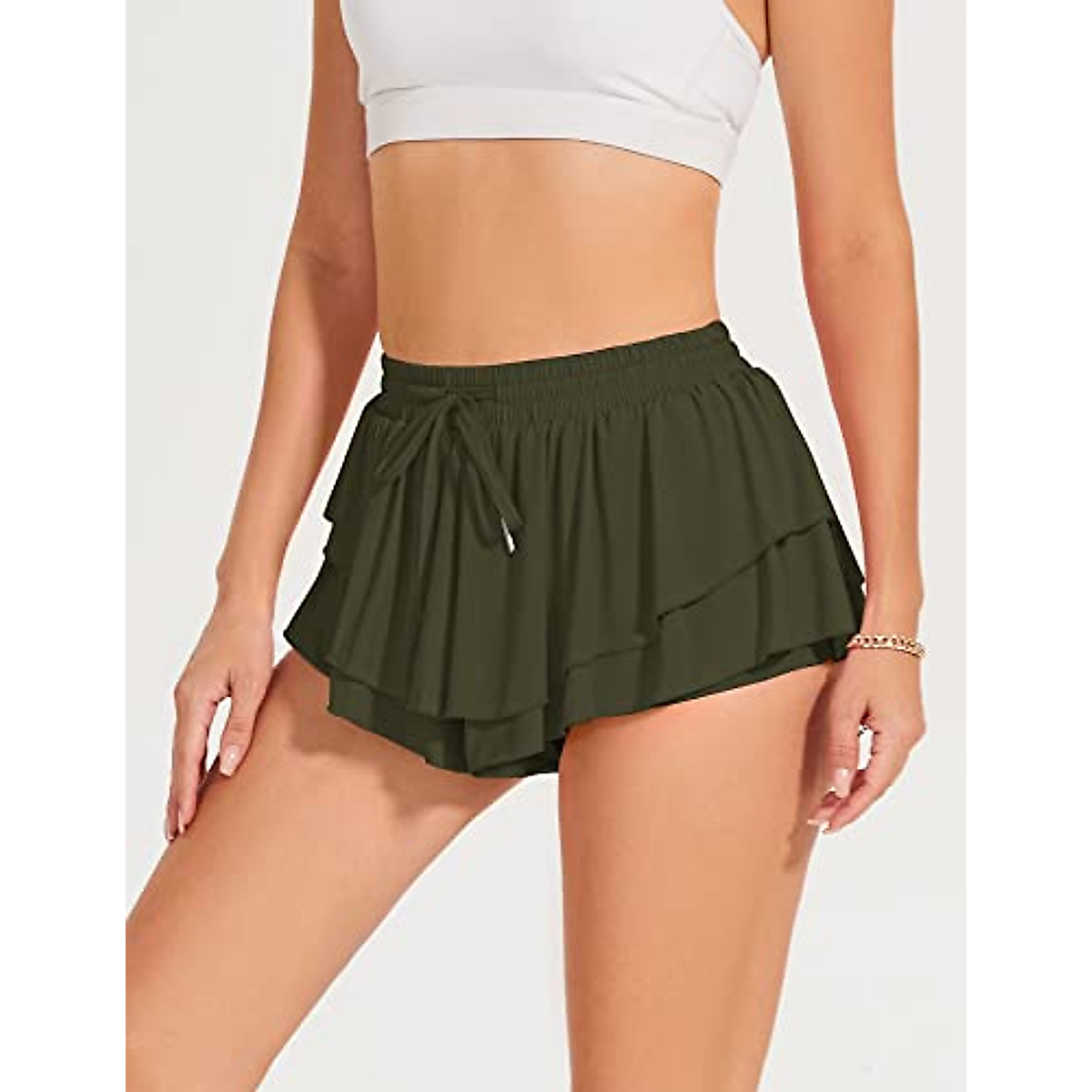 Loovoo Summer Flowy Athletic Shorts Women High Waisted Ruffle Layered Running Shorts Sporty Active Gym Shorts Army Green,M
