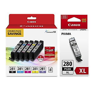 Genuine Canon CLI-281 5-Color Ink Tank Combo Pack with 5 x 5" Photo Paper (2091C006) + Canon PGI-280 XL Pigment Black Ink Tank (2021C001)