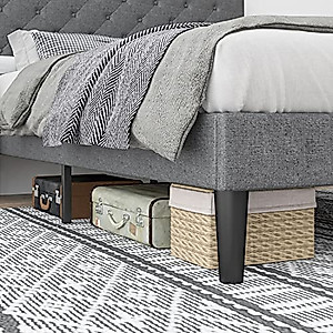Queen Upholstered Platform Bed Frame, Queen Bed Frame with Headboard, Fabric Upholstered Platform with Button Tufted Headboard Sturdy Wood Slat Support, Mattress Foundation, No Box Spring Needed, Grey
