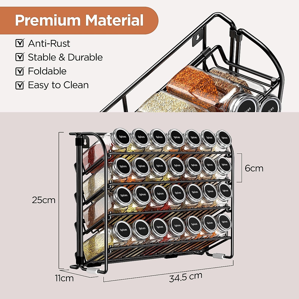 CHARMDI 4 Tier Spice Rack Organizer for Cabinet, Detachable Countertop Spice Rack for Spice Jars(Jars Not Included), Spice Rack Wall mount for Countertop, Cabinet, Kitchen, Black