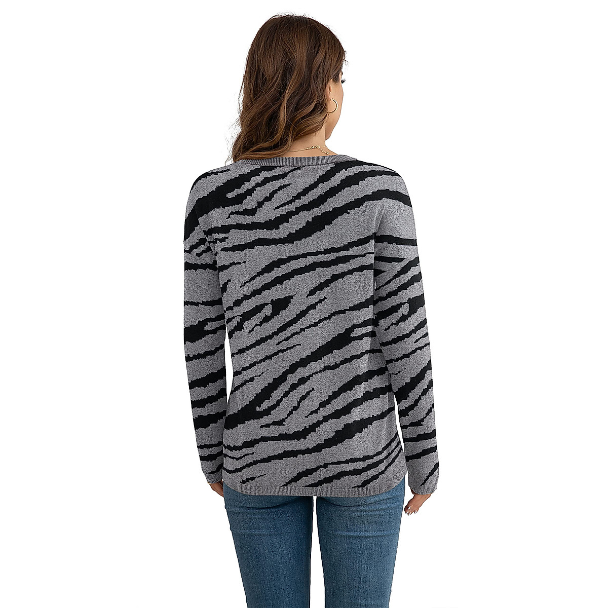 VIISHOW Women's Crew Neck Long Sleeve Sweatshirt Casual Loose Pullover Color Block Tops,Gray Leopard,Large