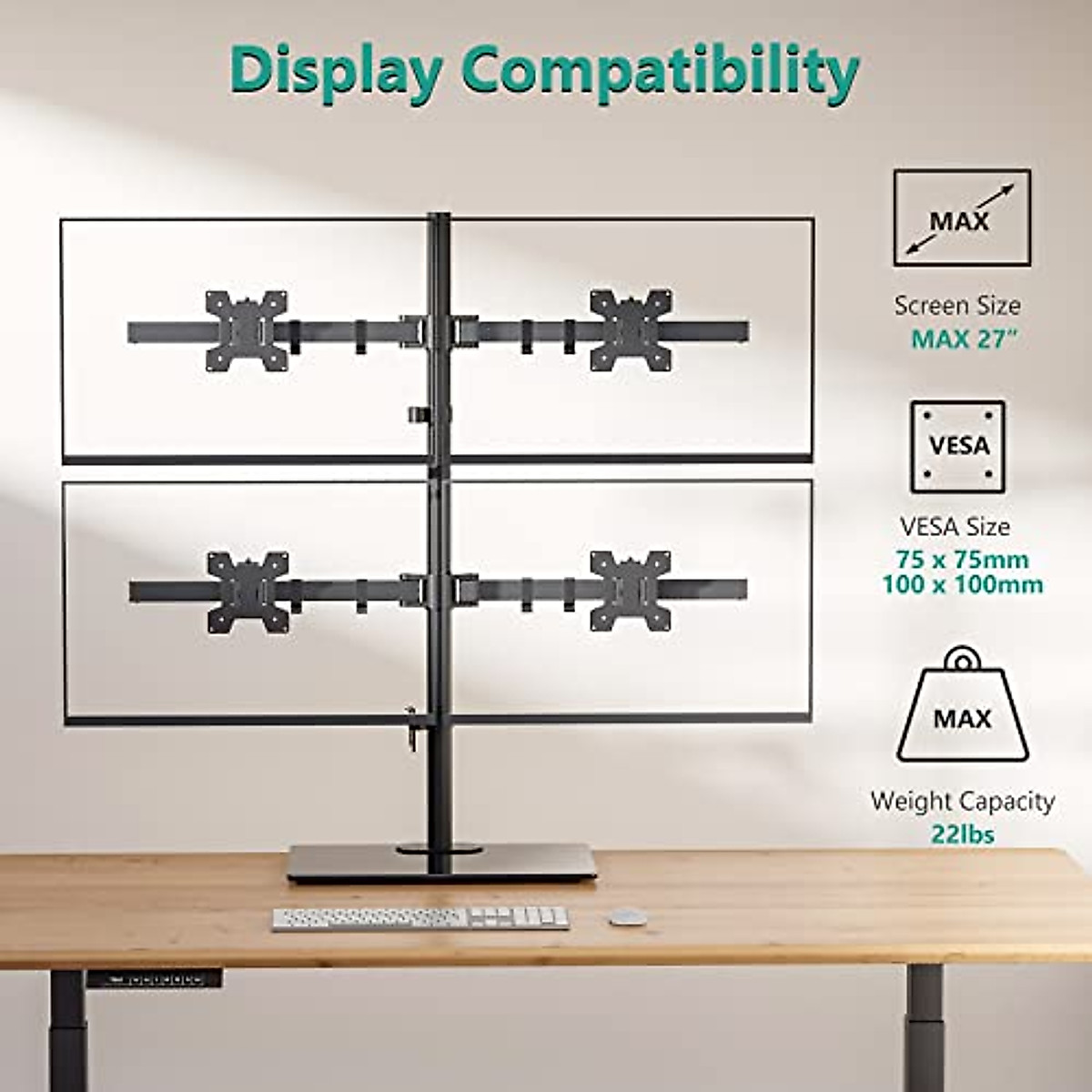 WALI Quad Monitor Stand, Height Adjustable Free-Standing Monitor Desk Mount, fits 4 Computer Screens up to 27 Inch, Holds up to 22lbs per Screen (GMF004)
