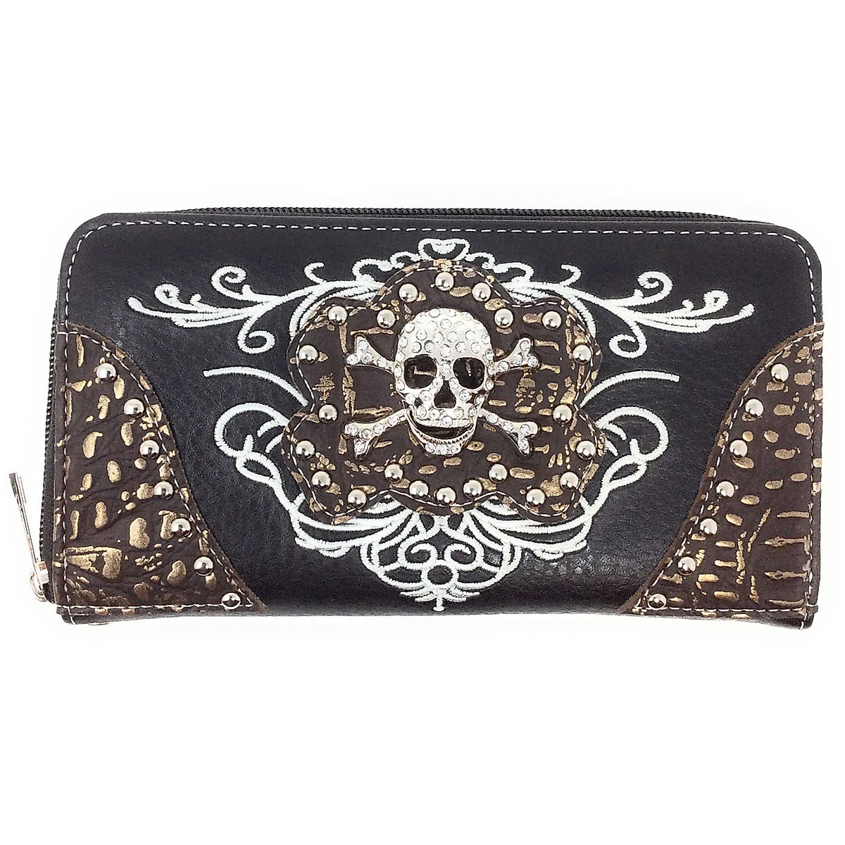 Texas West Women's Embroidered Metal Skull Purse Handbag and Wallet set in 7 colors (Black Set)
