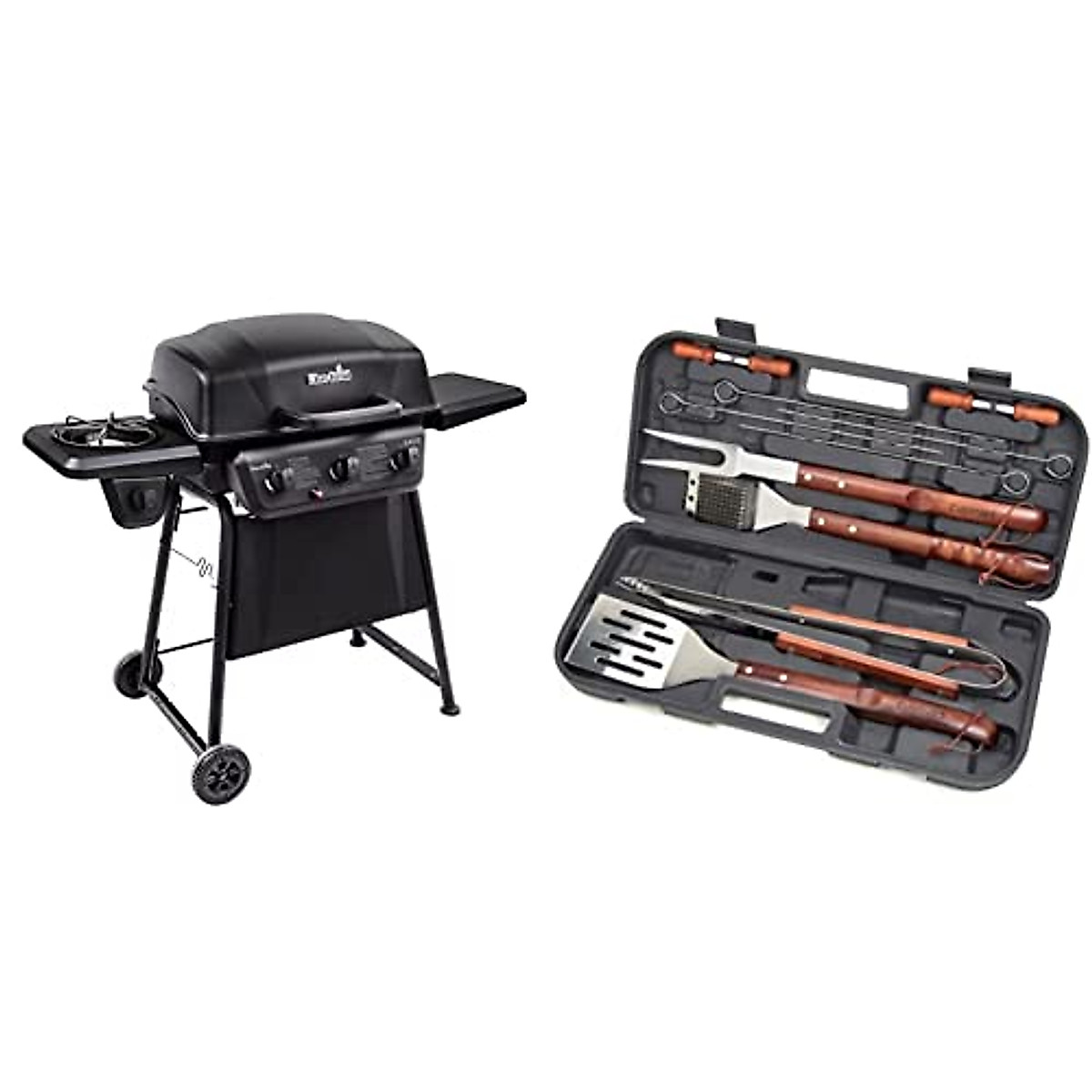 Char-Broil Classic 360 3-Burner Liquid Propane Gas Grill with Side Burner & Cuisinart CGS-W13 Wooden Handle Tool Set (13-Piece), Black