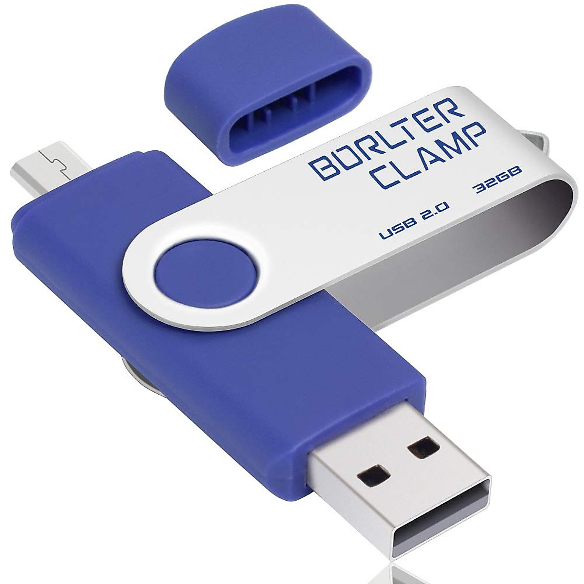BorlterClamp 32GB USB Flash Drive Dual Port Memory Stick, OTG Swivel Thumb Drive with Micro USB Drive Port for Android Smartphone Tablet & Computer (Blue)