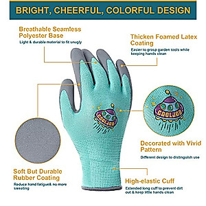 COOLJOB 3 Pairs Kids Gardening Gloves for Age 9-12, Grippy Rubber Coated Garden Work Gloves for Children, Orange & Green & Yellow, Large Size (3 Pairs L)