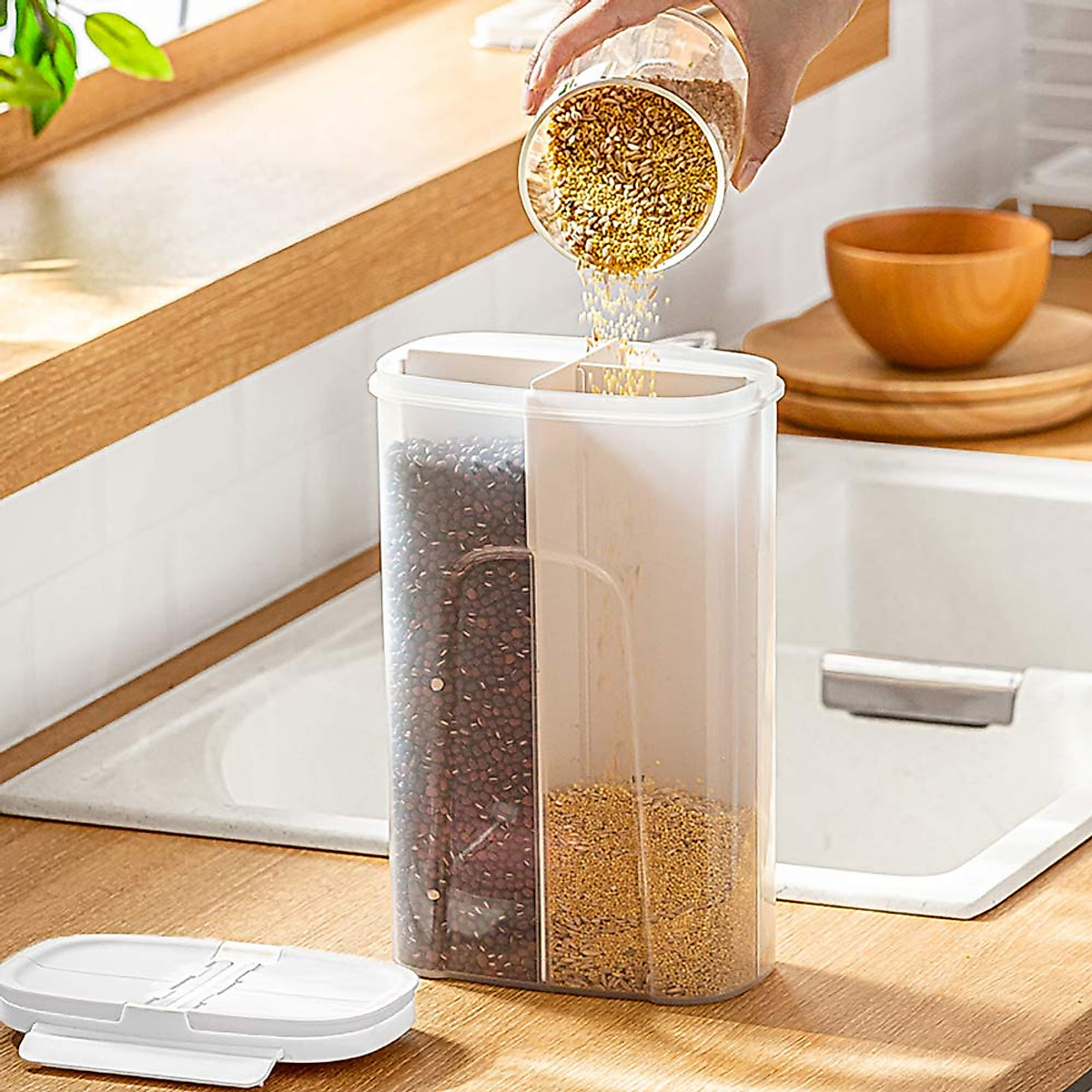 Poeland Storage Jars Canisters with Built-in partition / 4 compartments for Spaghetti Pasta Noodles Cereal - White