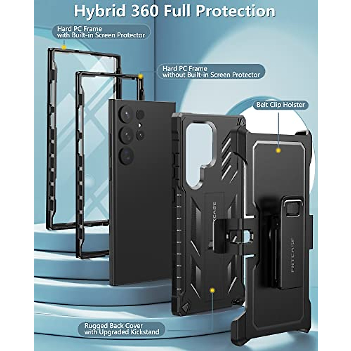 FNTCASE for Samsung Galaxy S23 Ultra Case: Built-in Screen Protector & Kickstand, Extra Front Frame, Full-Body Dual Layer Rugged Belt-Clip Holster Heavy Duty Shockproof Protective Phone Cover-Black