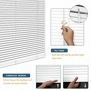 KCO Mini Blinds for Windows Cordless Horizontal Window Blinds and Shades, Vinyl Venetian Blinds Anti-UV Waterproof Light Adjustment Mini Blinds, 18" W x 64" L, White