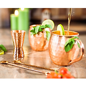 Copper jigger lacquered for the shine and to prevent tarnish. - Double 1oz/2oz copper measuring jigger for cocktail mixing. - Solid hammered copper 22G copper. - Copper shot glass for Moscow mule.