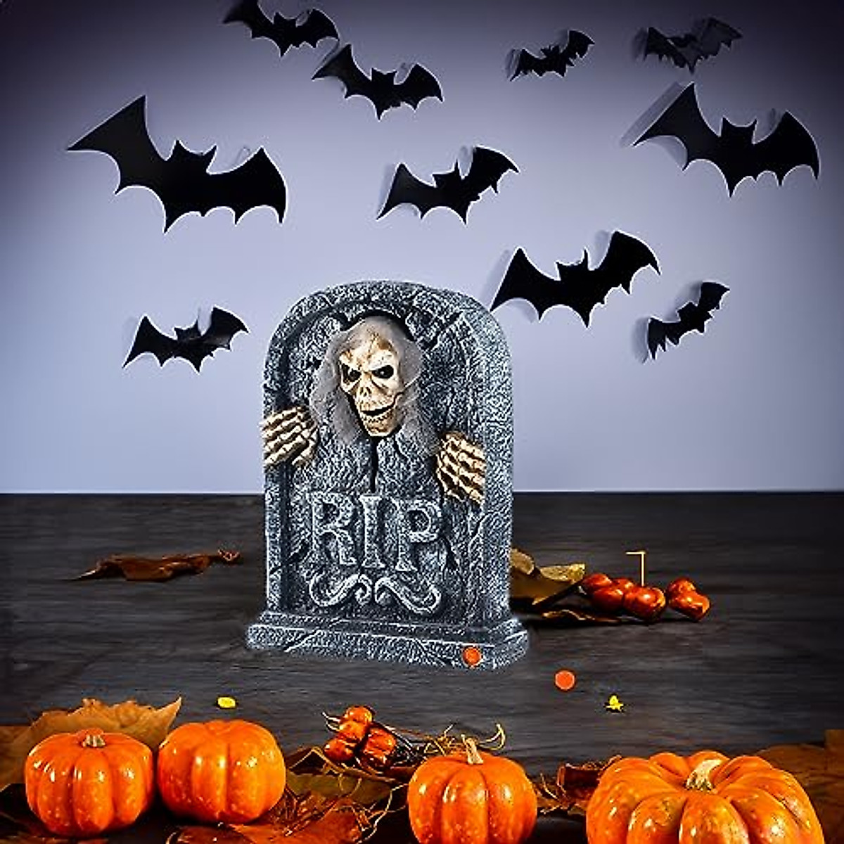 Halloween Zombie Tombstone Animated Skeleton Decorations Yard Decor Motion Sensor Activated, Creepy Voice, Spooky Skull Head, Light Up Eyes, Scary Haunted Prop