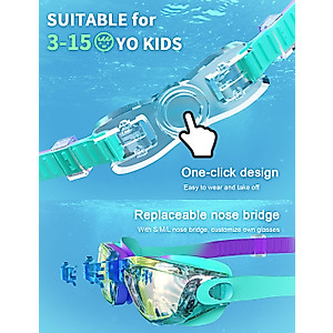 Hurdilen Kids Swim Goggles, Swimming Goggles for Kids Children, Anti-Fog Anti-UV Youth Swim Glasses with Nose Clip, Earplugs for Age 3-15