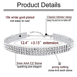 Zealmer Women White Gold Plated 3 Rows Rhinestone Choker Necklace & Bracelets Set