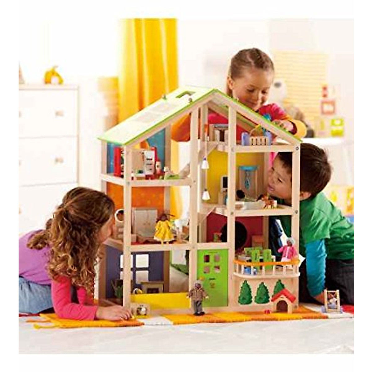 All Seasons Kids Wooden Dollhouse by Hape | Award Winning 3 Story Dolls House Toy with Furniture, Accessories, Movable Stairs and Reversible Season Theme L: 23.6, W: 11.8, H: 28.9 inch