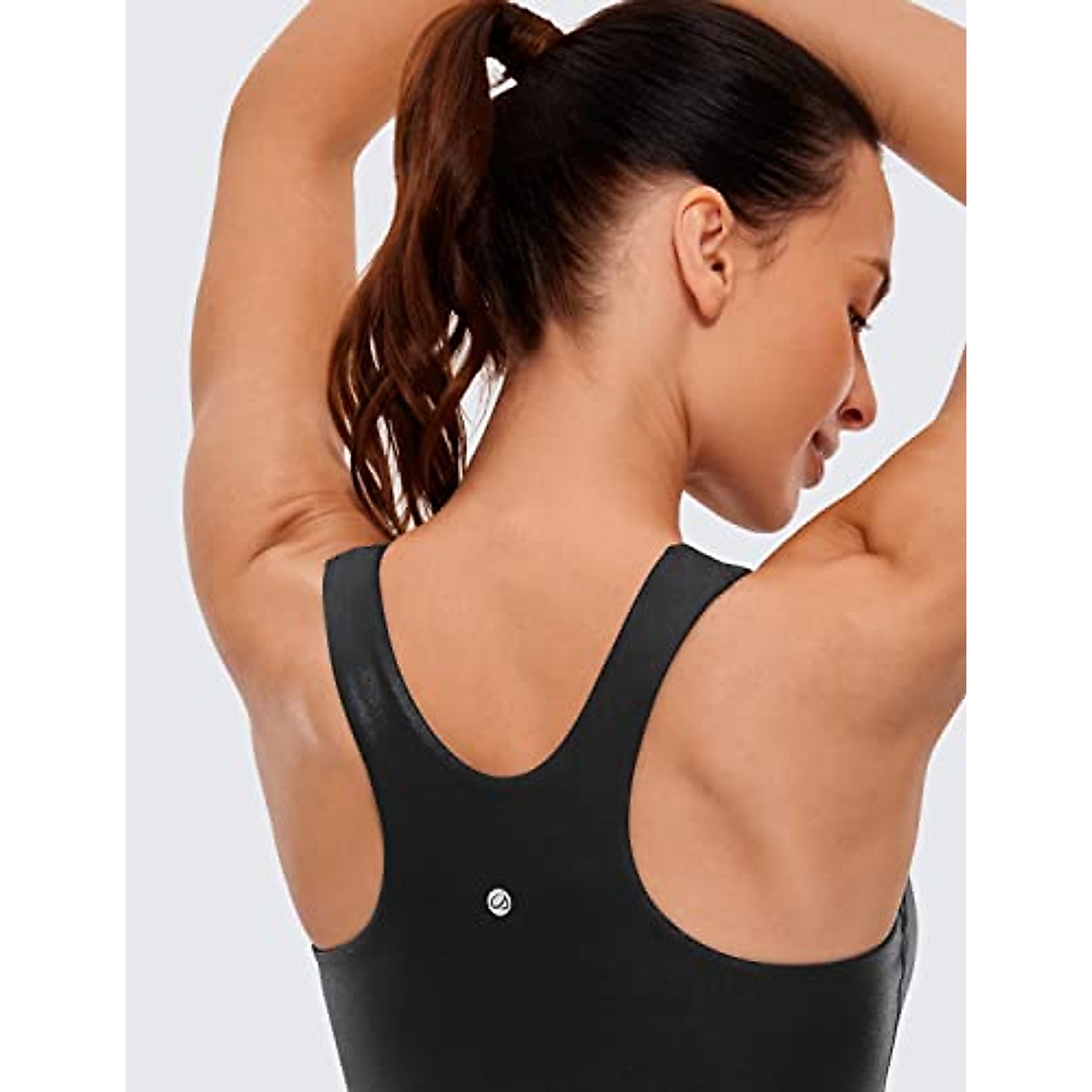 CRZ YOGA Butterluxe Racerback High Neck Longline Sports Bras for Women - Padded Workout Crop Tank Tops with Built in Pads Faux Leather Black Large