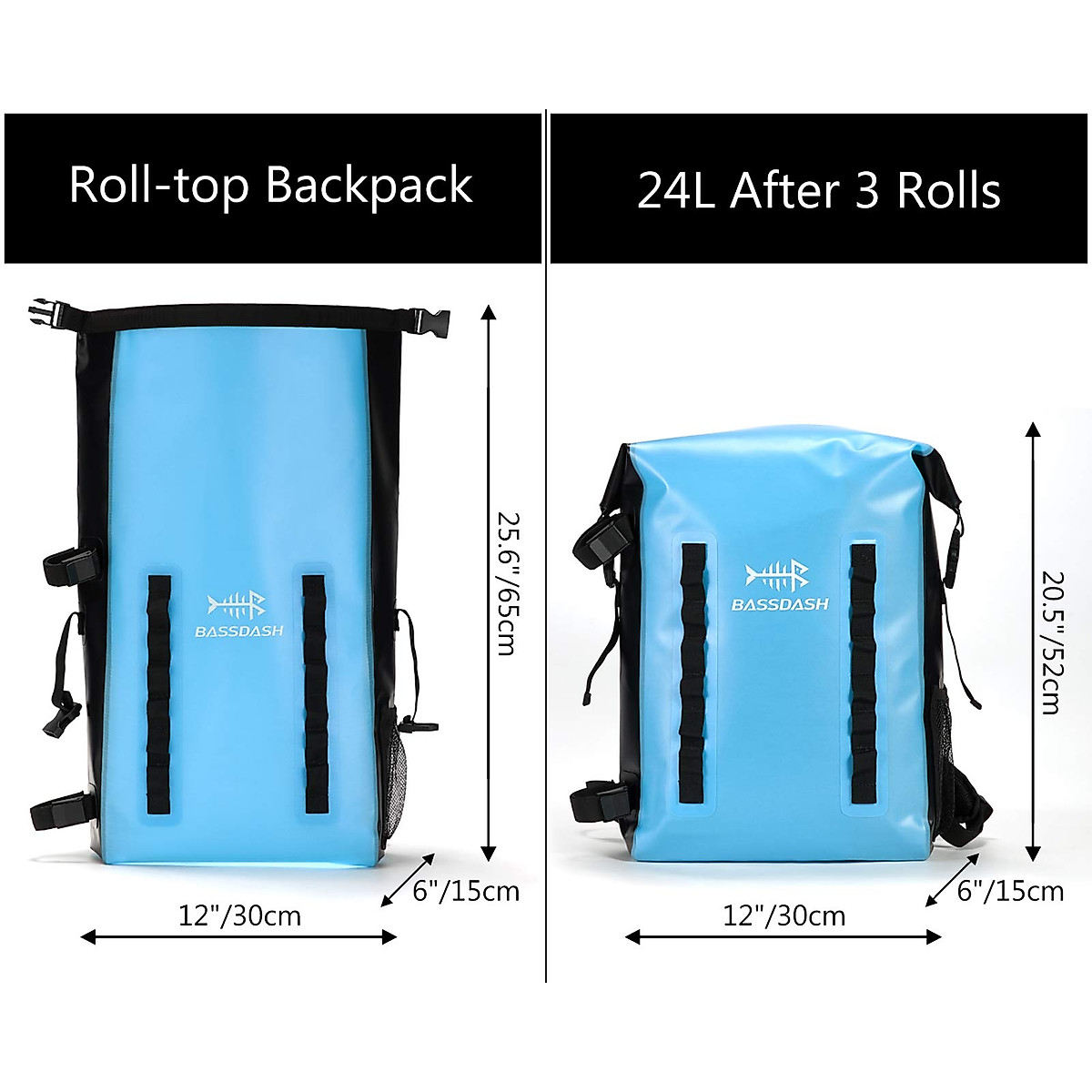 BASSDASH Waterproof TPU Backpack 24L Roll-Top Dry Bag with Rod Holder for Fishing, Hiking, Camping, Kayaking, Rafting