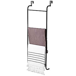 MyGift Over-The-Door Towel Rack, Matte Black Metal Ladder Bathroom Towel Hanging Storage Holder, 4-Rungs