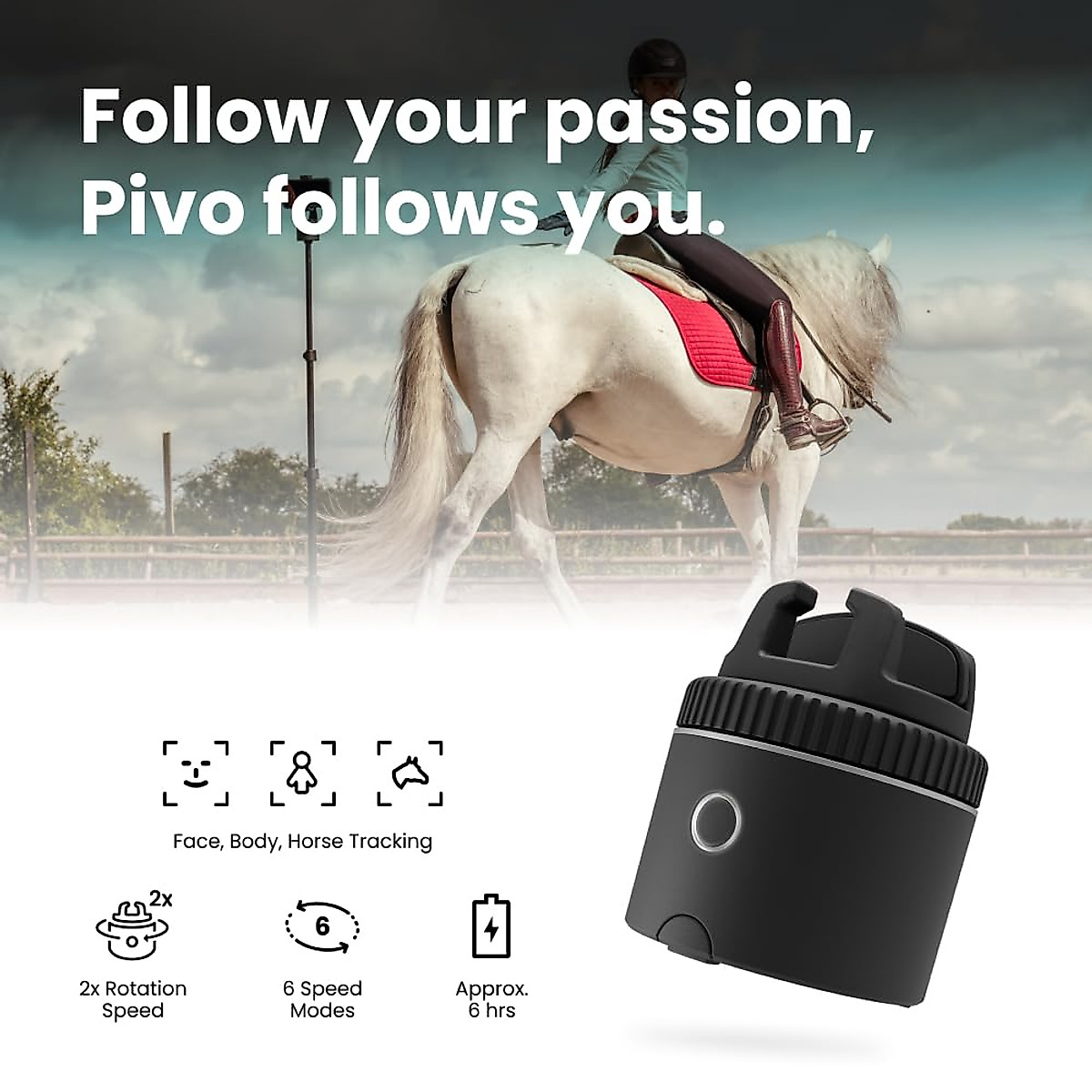 Pivo Pod Silver Equestrian Pack, Auto Face, Body, Horse Tracking Phone Holder, 360° Rotation, Remote Control for Hands-Free Video Recording