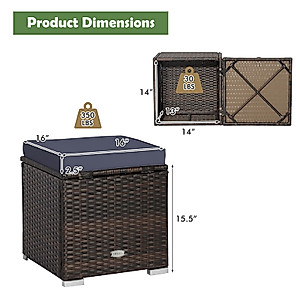 HAPPYGRILL 2 PCS Patio Ottoman Set Outdoor Wicker Stool with Storage, Rattan Footrest Ottoman with Solid Metal Frame and Cushion for Backyard Poolside Garden Balcony