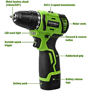 18V Cordless Drill, MAITHEUO Brushless Power Drill with 2Pcs Battery and Charger, 3/8”Keyless Chuck, 2 Variable Speed, 20+1 Torque Setting Electric Drill, Power Tools Kit for Man/Women Home Use