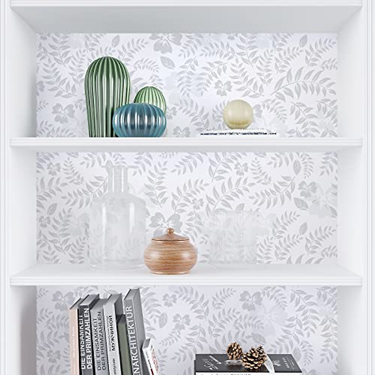 VEELIKE Grey Floral Peel and Stick Wallpaper Boho Breezy Leaves Floral Wallpaper 17.7''x118'' Removable Floral Wallpaper Self Adhesive Grey Contact Paper for Bathroom Walls Cabinets Drawer Liners