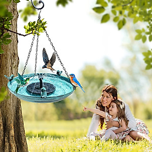 DazSpirit Hanging Solar Bird Bath Fountain, 14.9inch Diameter Green Metal Bird Bath Bowl with Solar Powered Pump & 4 Water Spray Nozzles for Outdoor Garden Backyard Patio Lawn