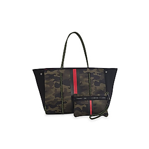 Haute Shore - Greyson Brat2 Neoprene Tote Bag w/Zipper Wristlet Inside (Greyson, Camo Gren w/Black & Red Stripe)