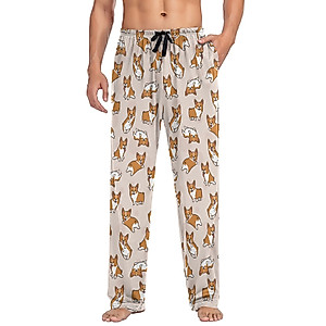 Ollabaky Dogs Pajama Pants for Men Cute Corgis PJs Bottoms with Pockets Men's Sleep Lounge Pants, L