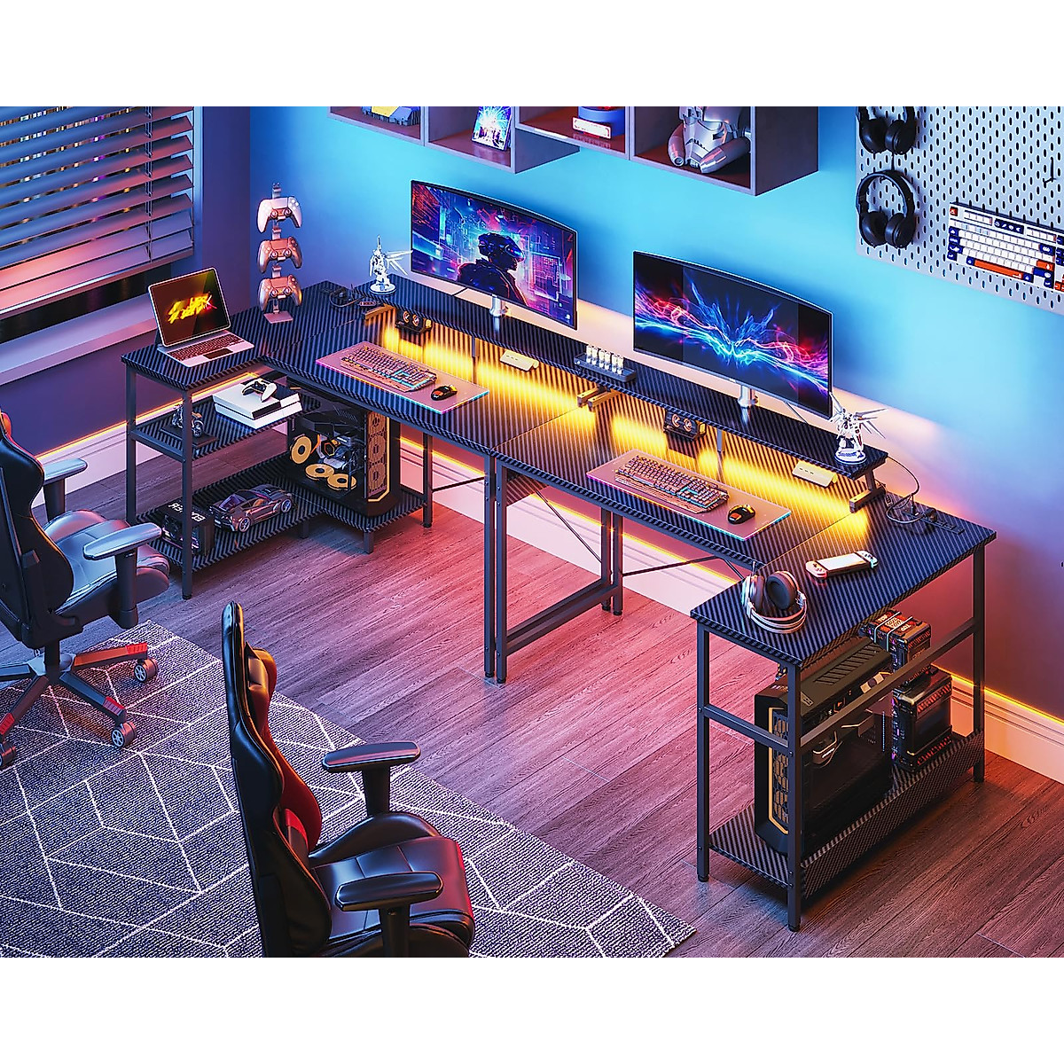 ODK 48 Inch Gaming Desk with USB Charging Ports and LED Lights, Reversible L Shaped Computer Desk with Storage Shelves & Monitor Stand, Corner Gamer Desk Table with Power Outlets, Black